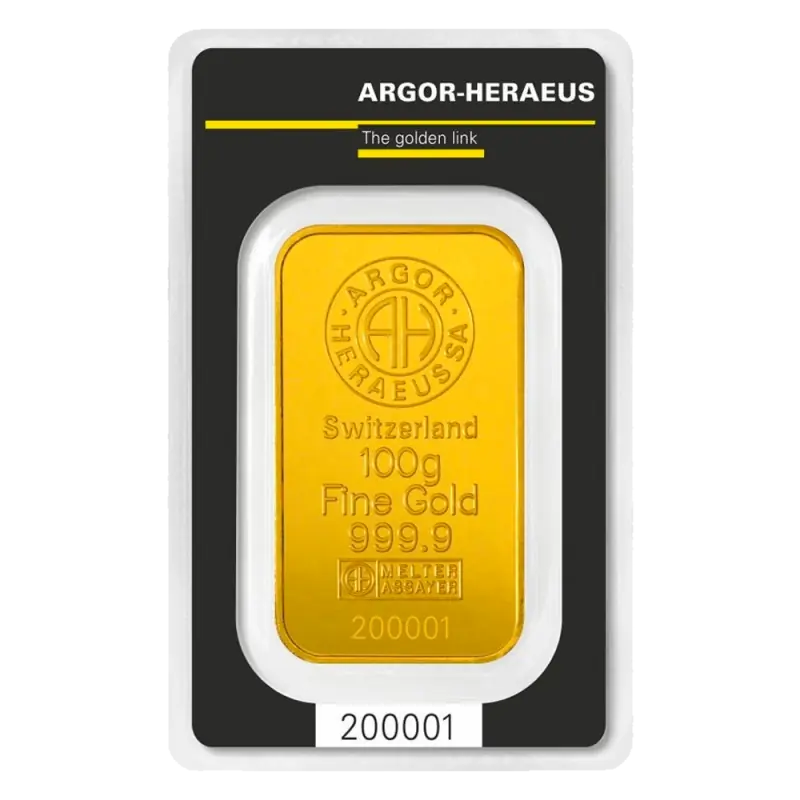 100g Lingote de Oro | Argor-Heraeus | Acuñada | StoneX Bullion